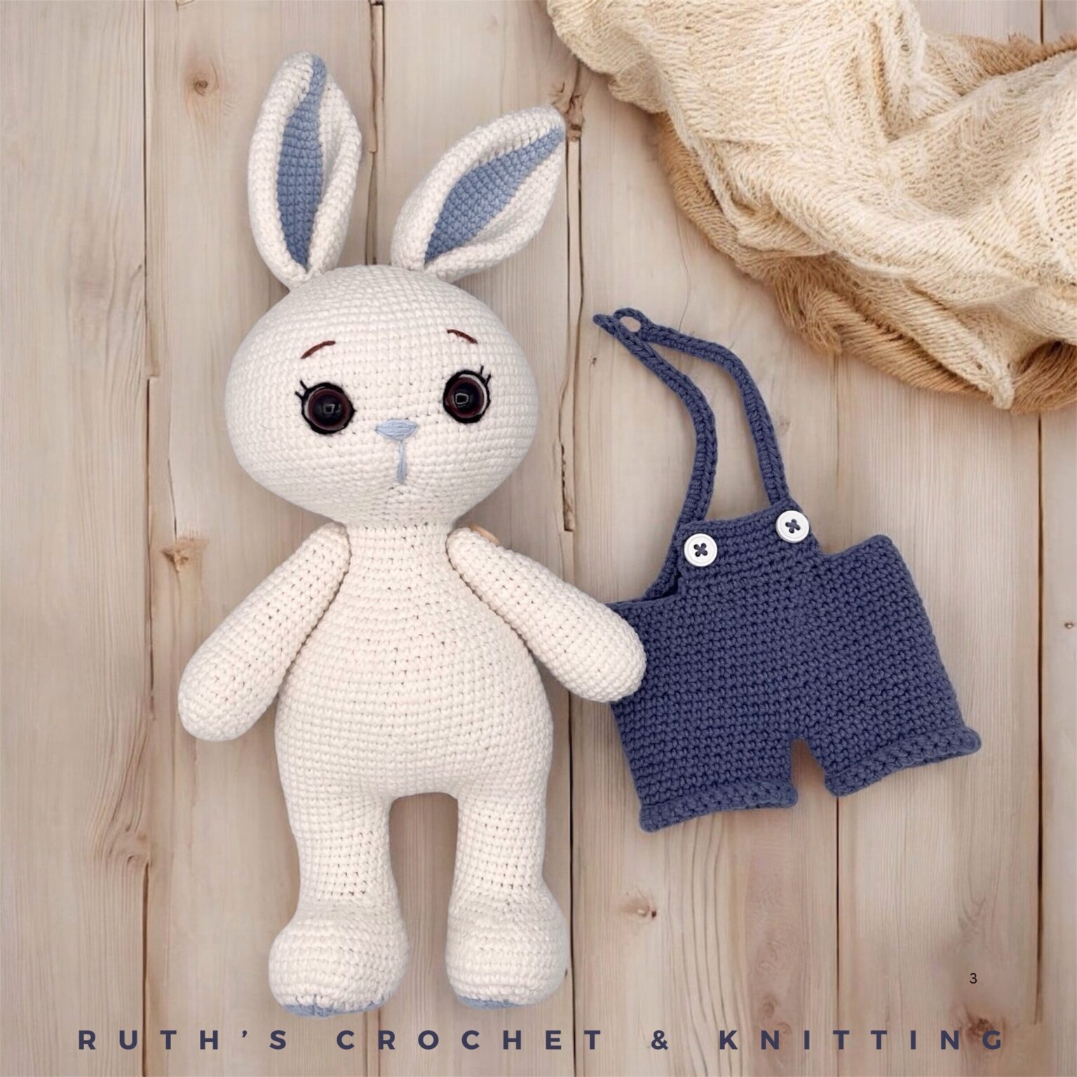Crochet Amigurumi Bunny in Blue Details – Handmade Rabbit