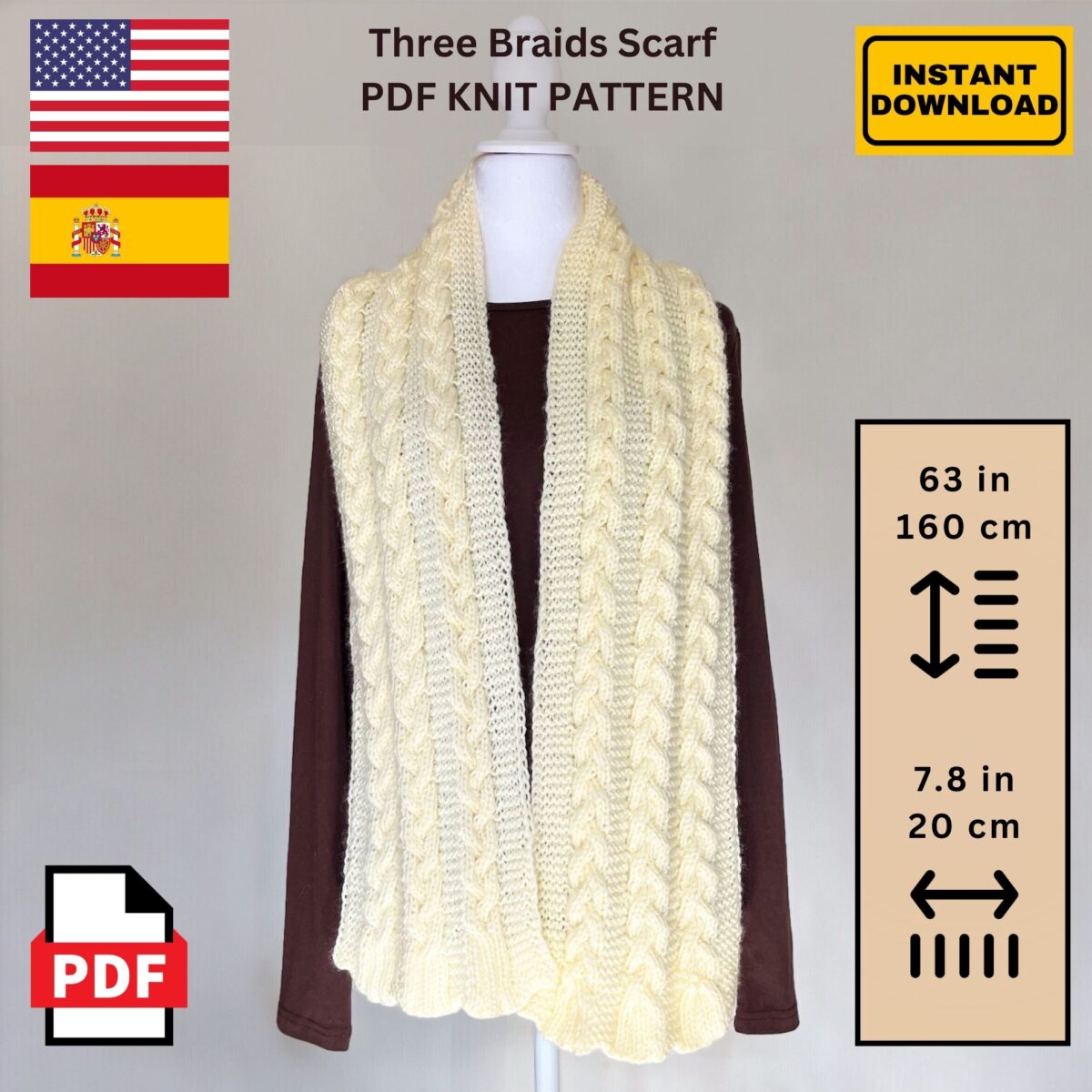 Braided Scarf Knitting Pattern – PDF, English & Spanish